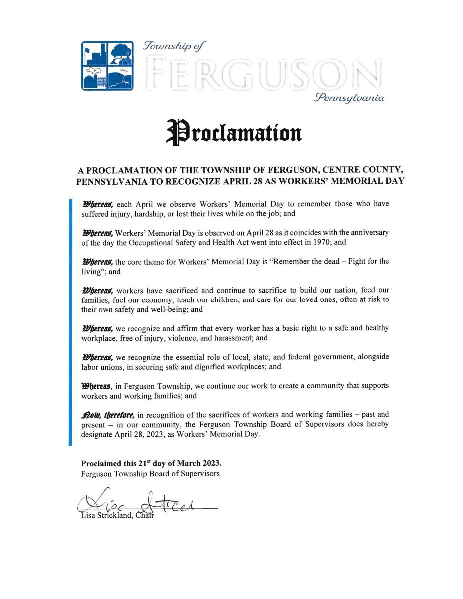 Proclamation of Workers' Memorial Day - April 28, 2023 | fergusonpa